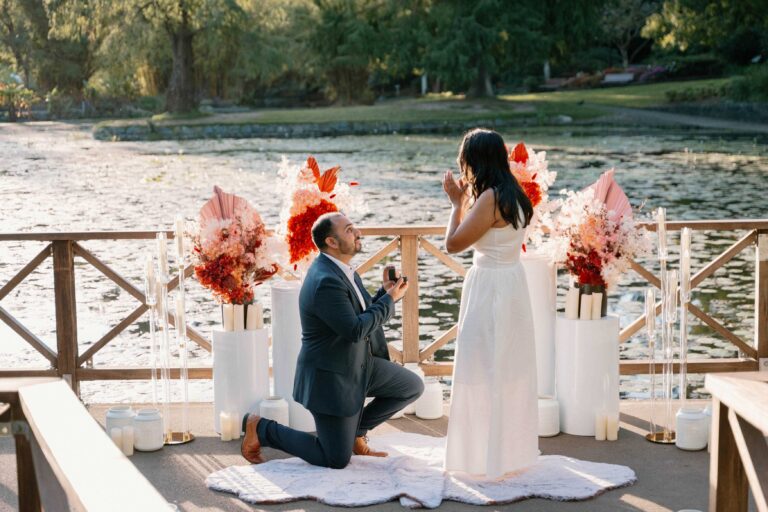 A stunning lakeside marriage proposal at golden hour - With Love Proposals